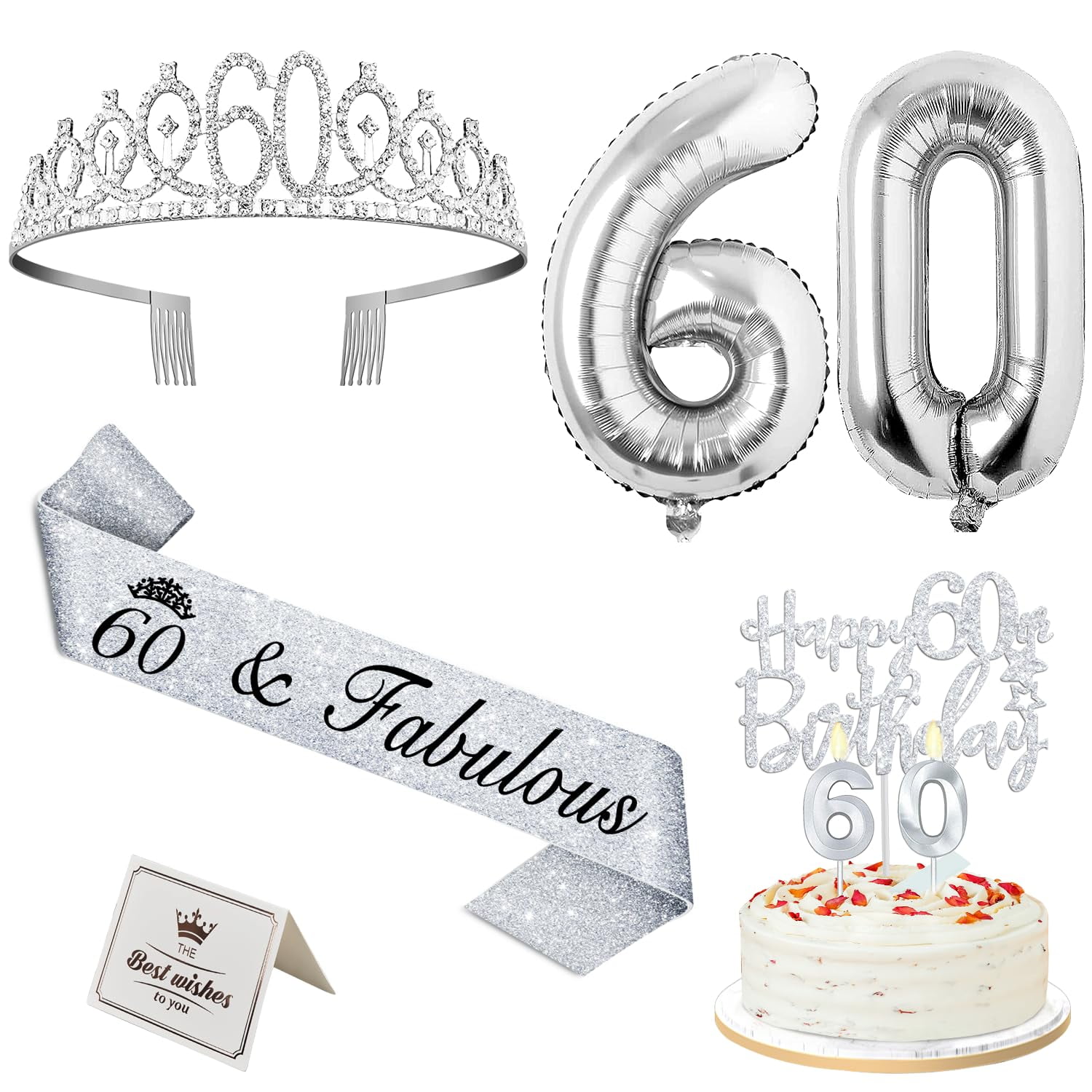60th Birthday Decorations for SSF20 Women Silver with 60th Birthday Tiara and Sash, Cake Topper ...