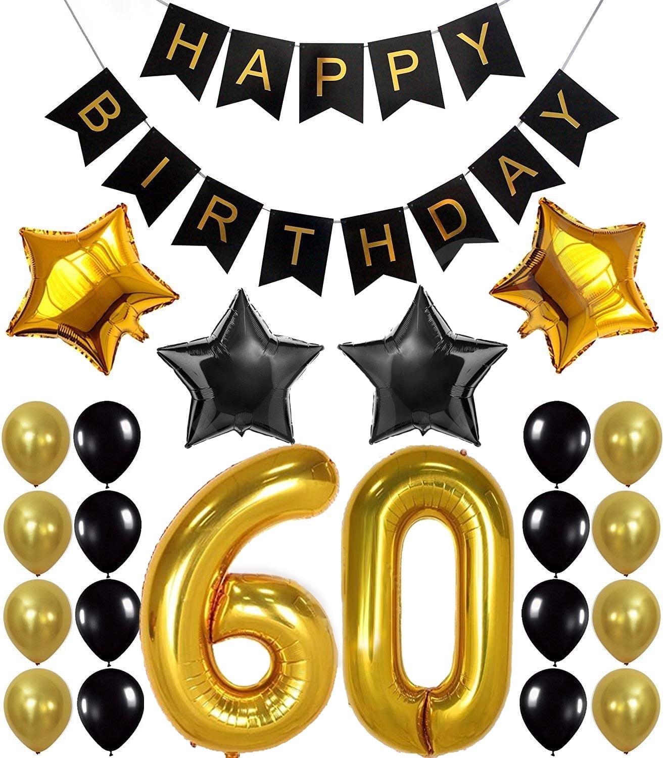 60th Birthday Decorations Kit – 26 Pcs | Gold, White, Black Balloons ...