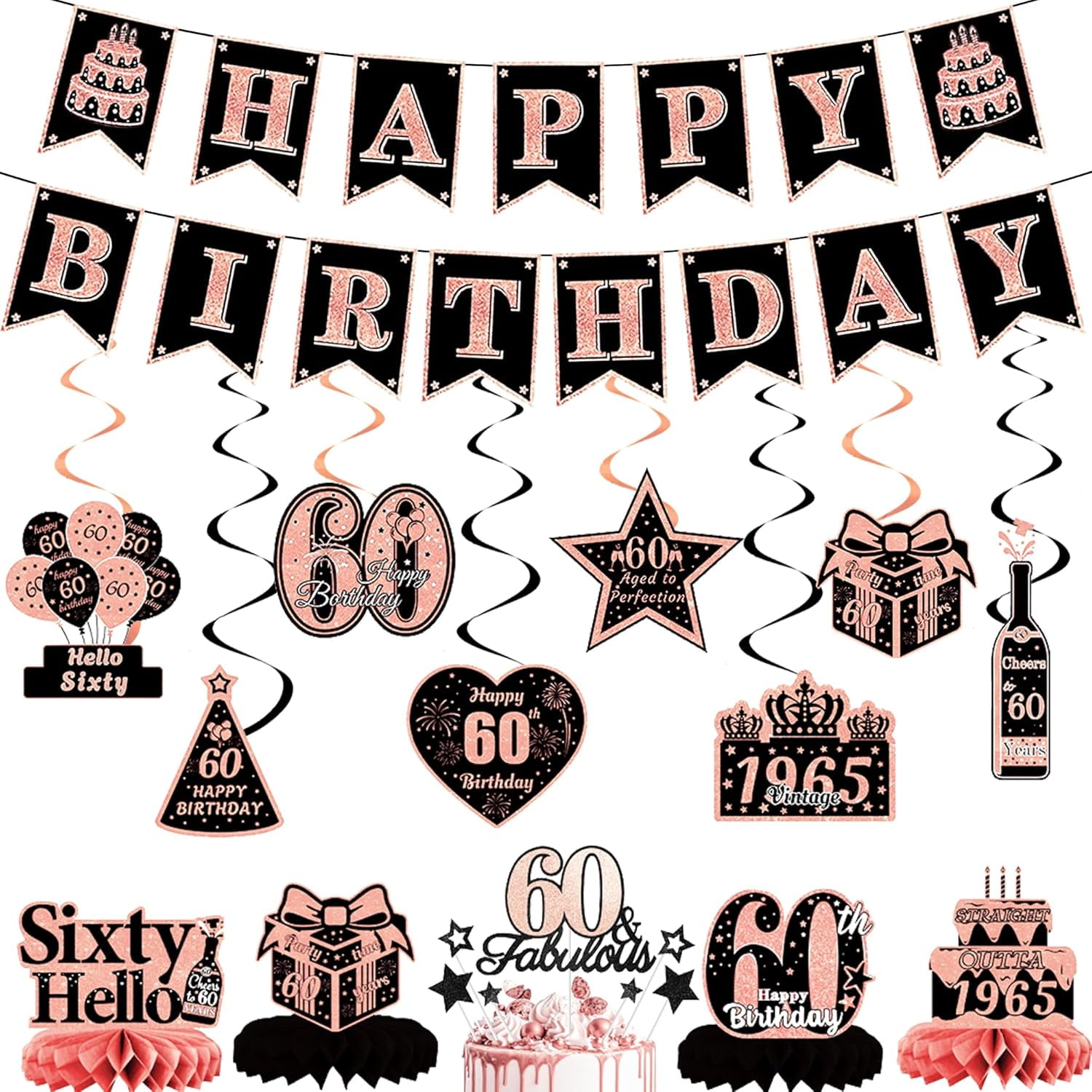60th Birthday Decorations for Women - 21 Pcs Rose Gold 60th Party Decorations with Happy ...