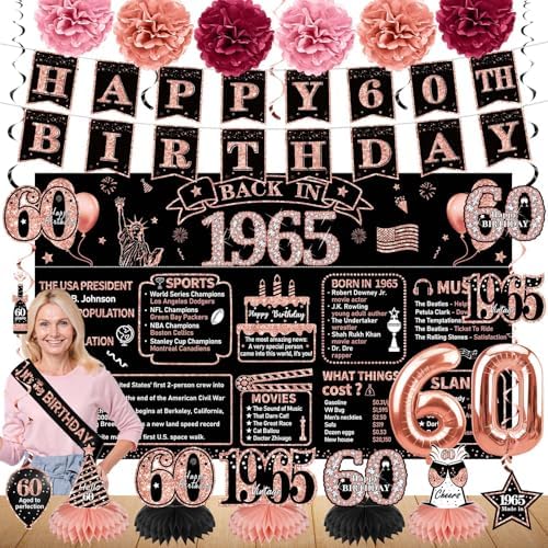 60th Birthday Decorations for Women, 21pcs Vintage 1965 Banner Party ...