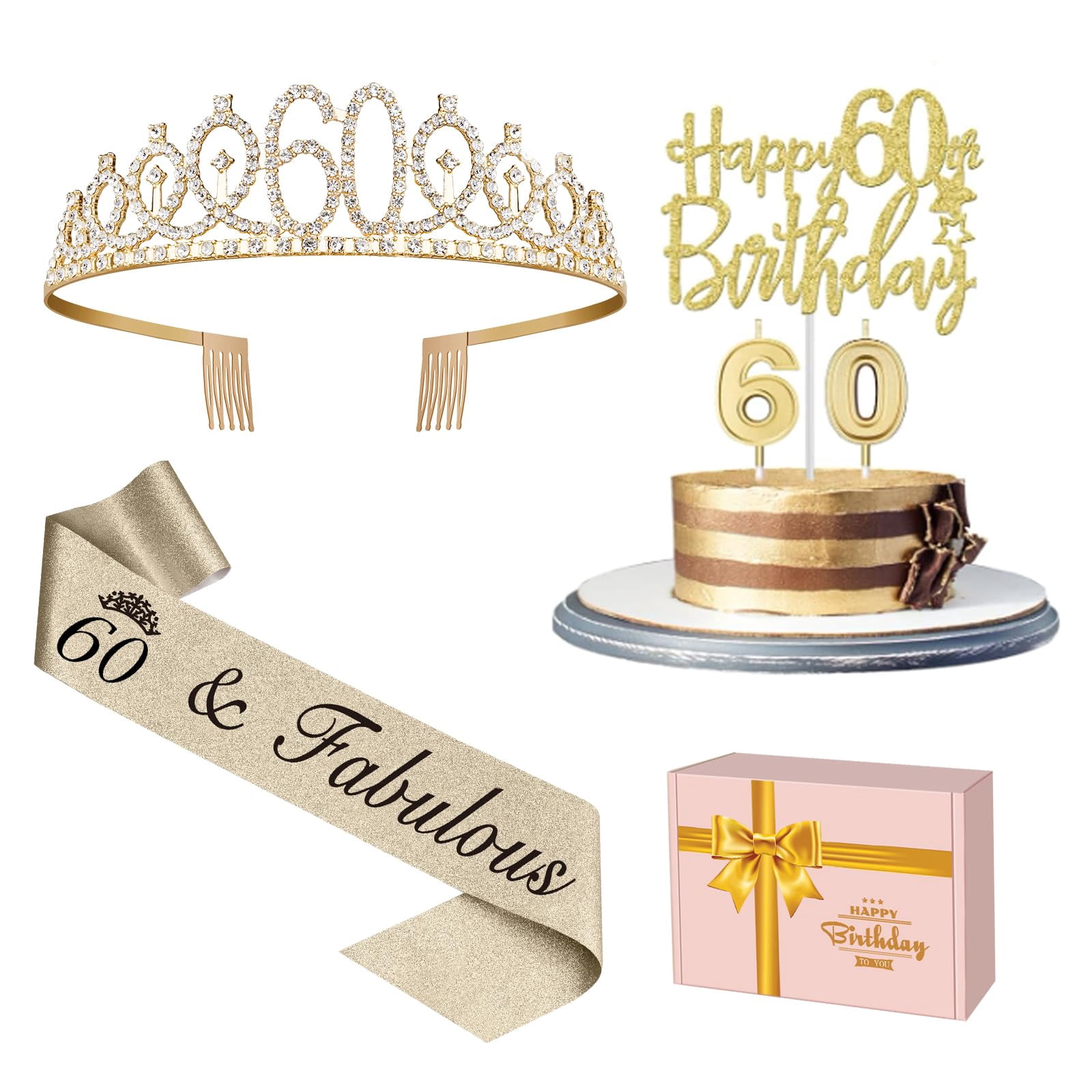 60th Birthday Decorations for Women Gold, Including 60th Birthday Sash ...