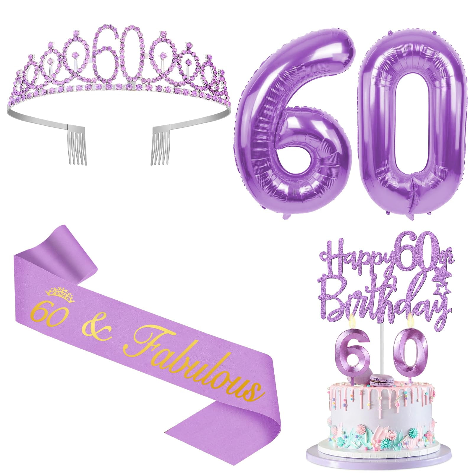60th Birthday Decorations for Women Purple SMRwith 60th Birthday Sash and Crown, Cake Topper and ...