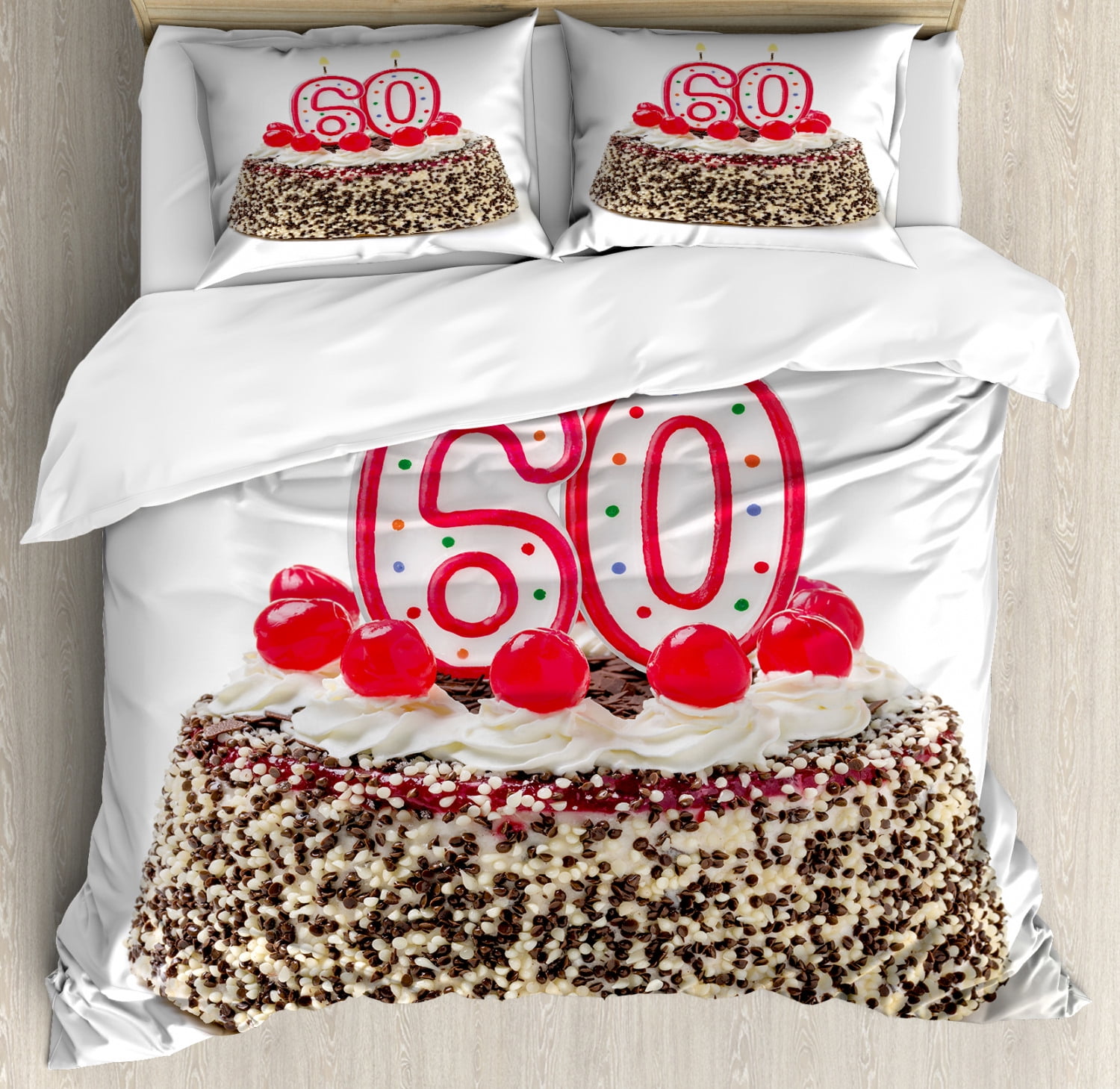 60th Birthday Duvet Cover Set Queen Size, Happy Party Sweet Cake with ...