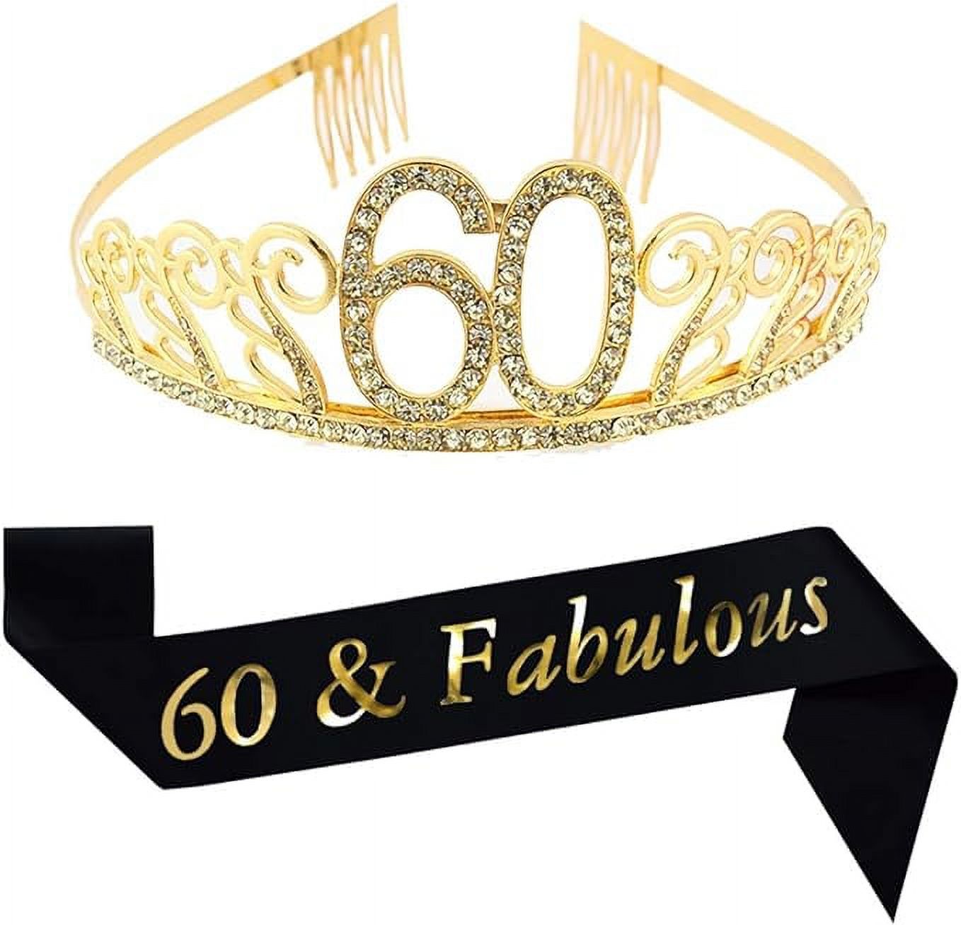 60th Birthday Gold Tiara and Sash, Glitter Satin Sash and Crystal Rhinestone Tiara Birthday ...