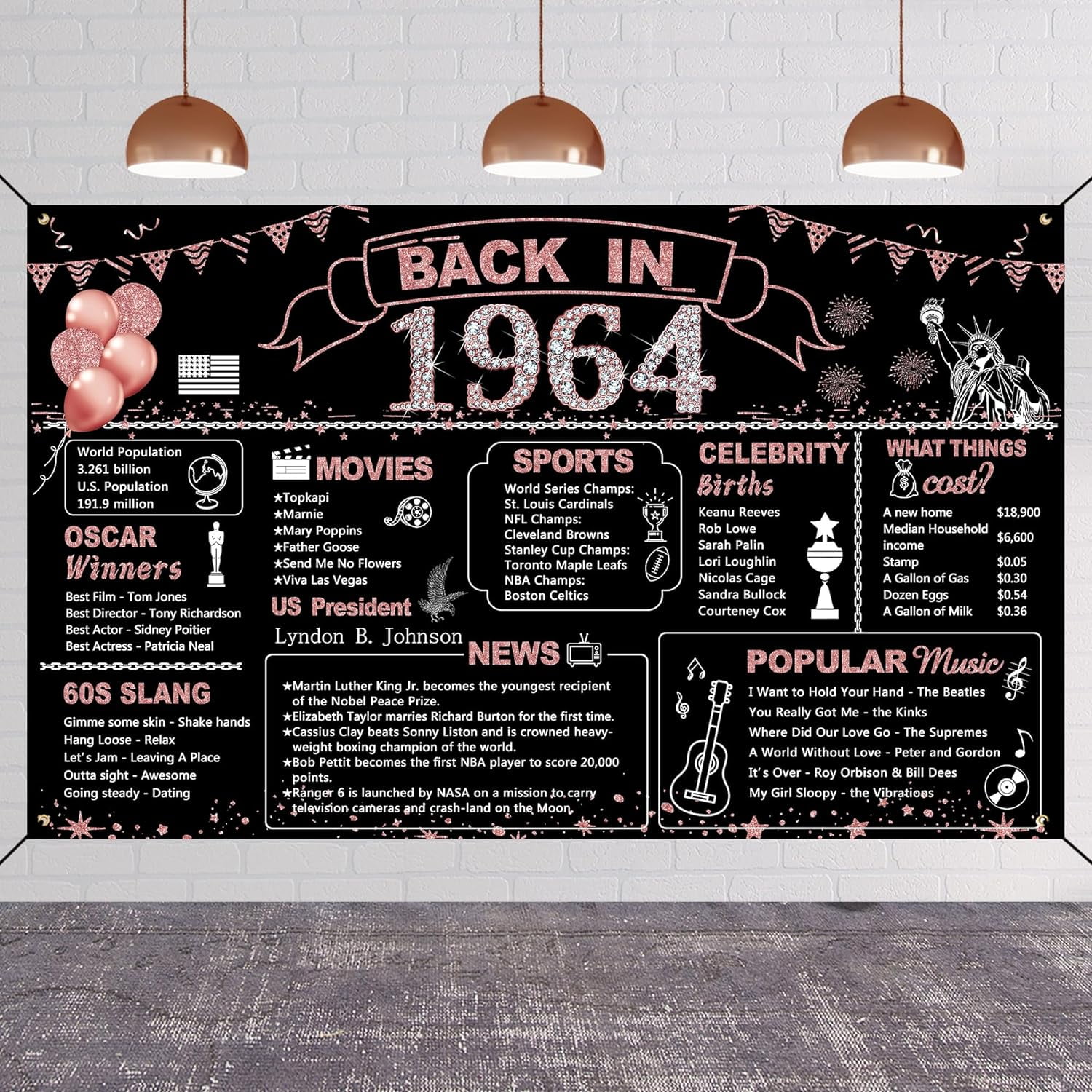 60th Birthday Rose Gold Party Decoration, Back in 1964 Banner for Women ...