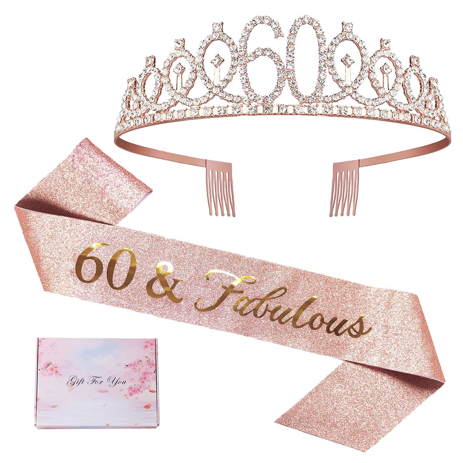 60th Birthday Sash and RRF12 Tiara for Women, Rose Gold 60th Birthday Decoration Set with Crown ...