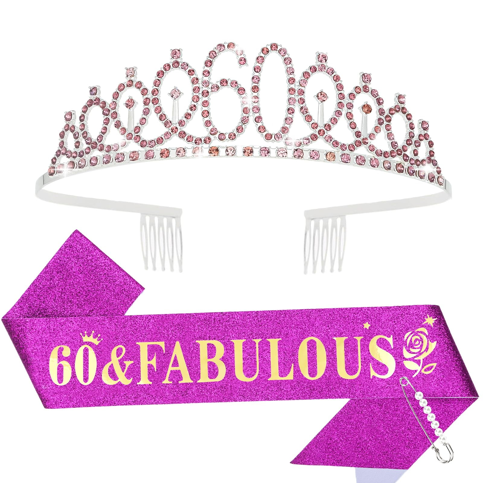 60th Birthday Sash and STF9 Tiara for Women, 60th Birthday Decorations Women, 60 & Fabulous Sash ...