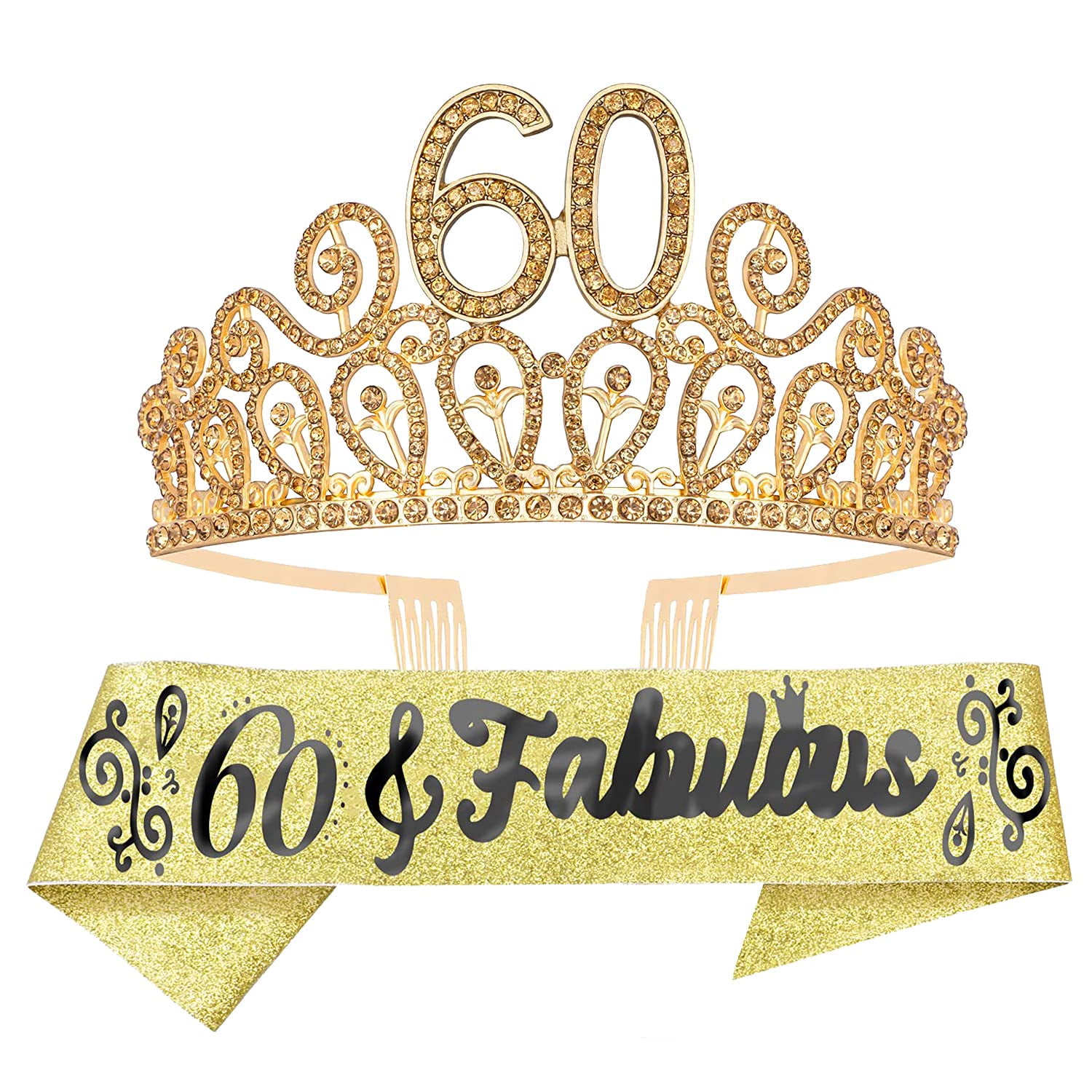 60th Birthday Sash and Tiara for Women - Fabulous Glitter Sash + Ripples Rhinestone Gold Premium ...
