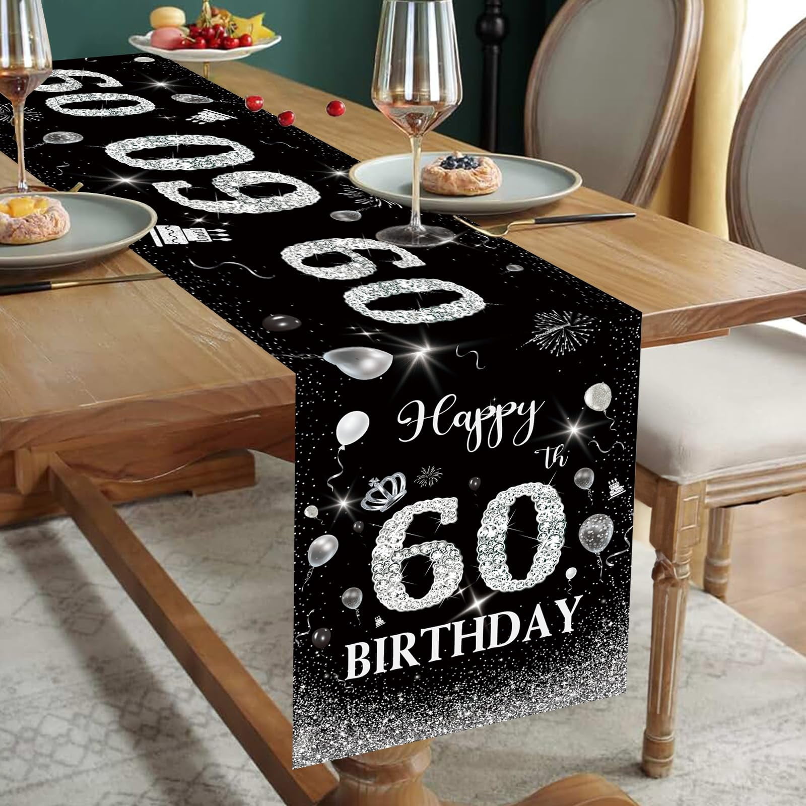 60th Table Runner Black Silver Happy 60th Table Runner for 60 Years Old ...