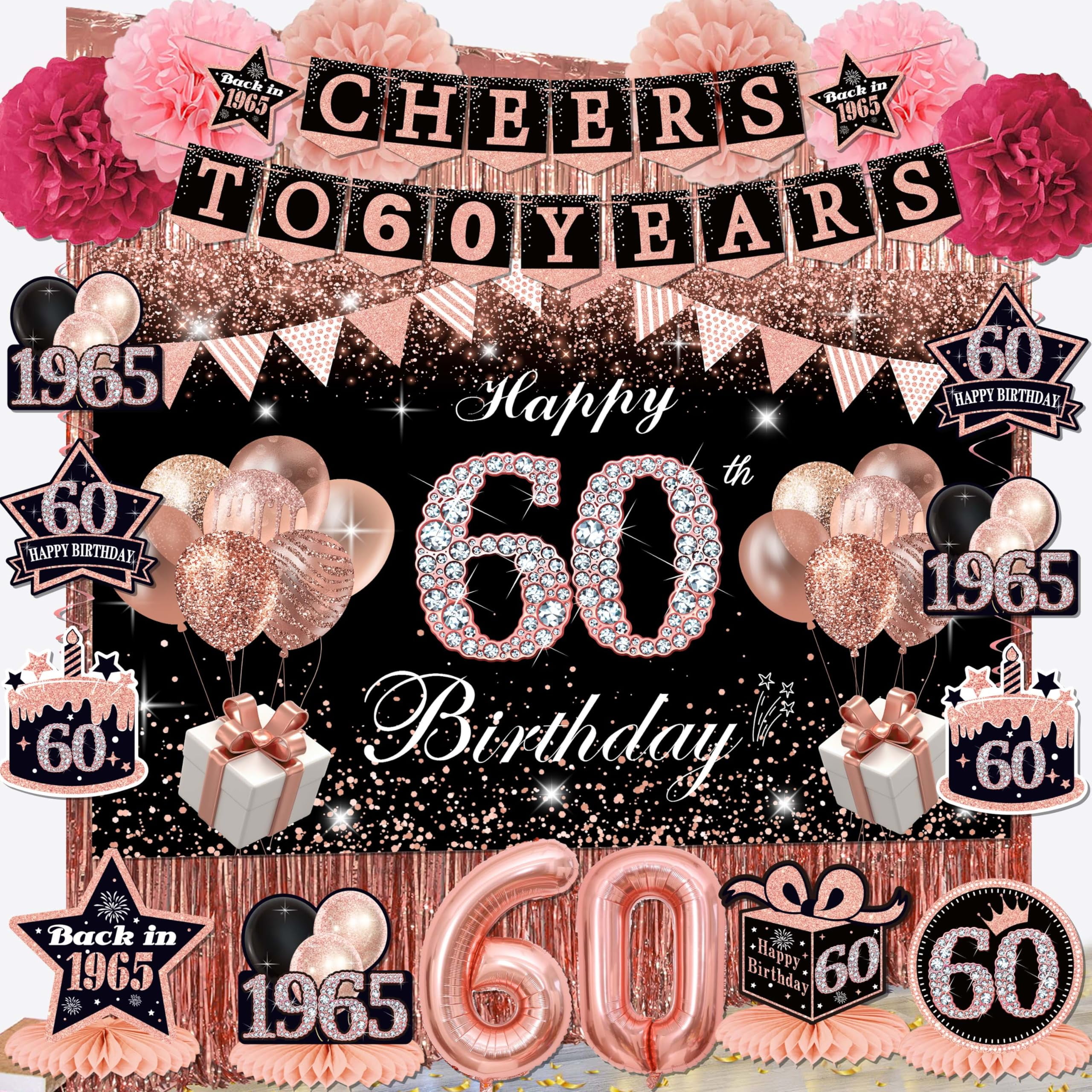 60th birthday decorations for women,black rose gold cheers to 60 years banner,happy 60th ...
