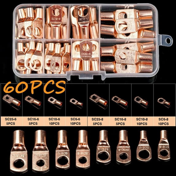 60X/Set Copper Tube-Terminals Battery Welding Cable Lug Ring Crimp ...