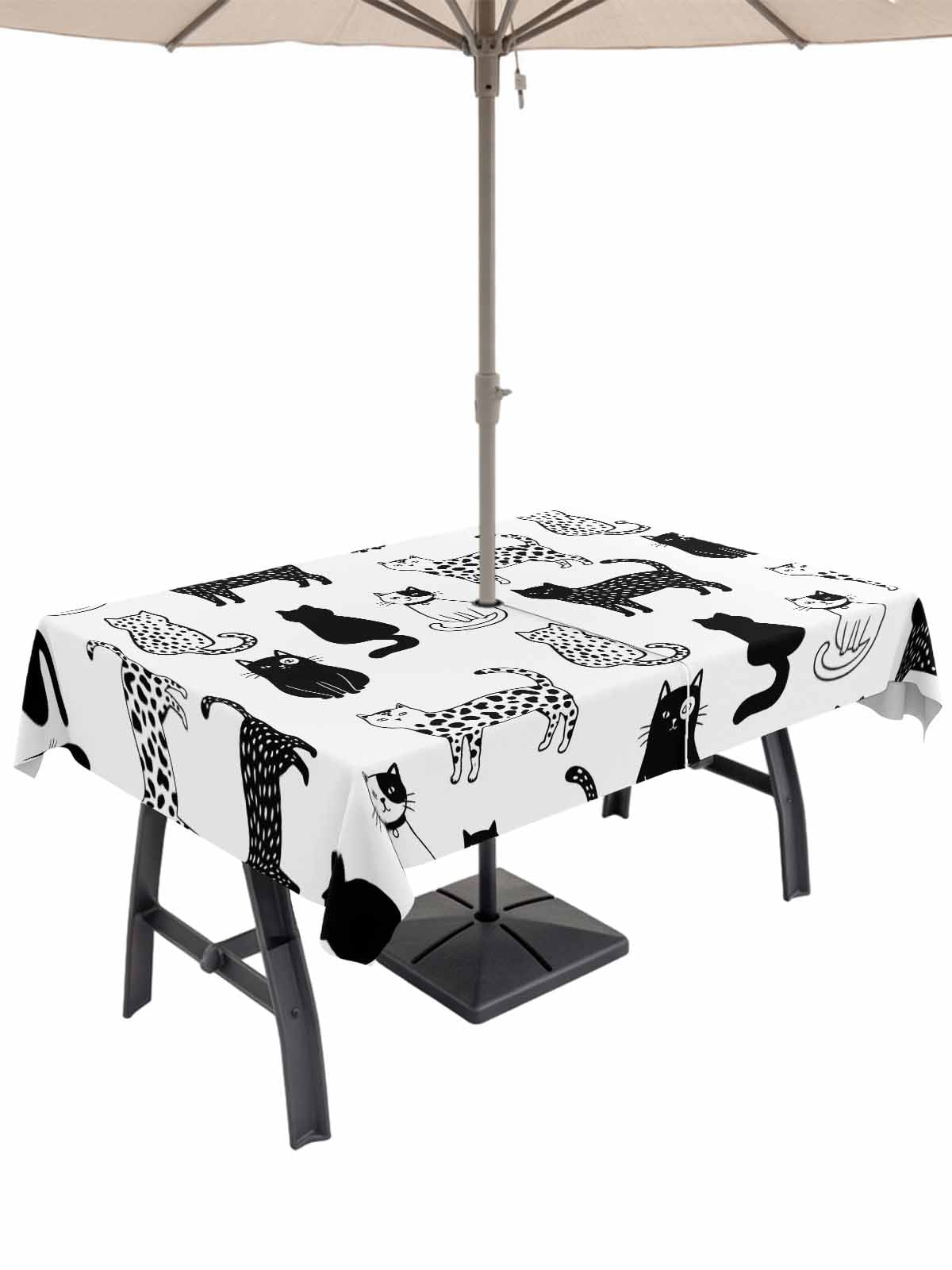 60x102 Inch Outdoor Tablecloth with Umbrella Hole Zipper Rectangle Cat ...