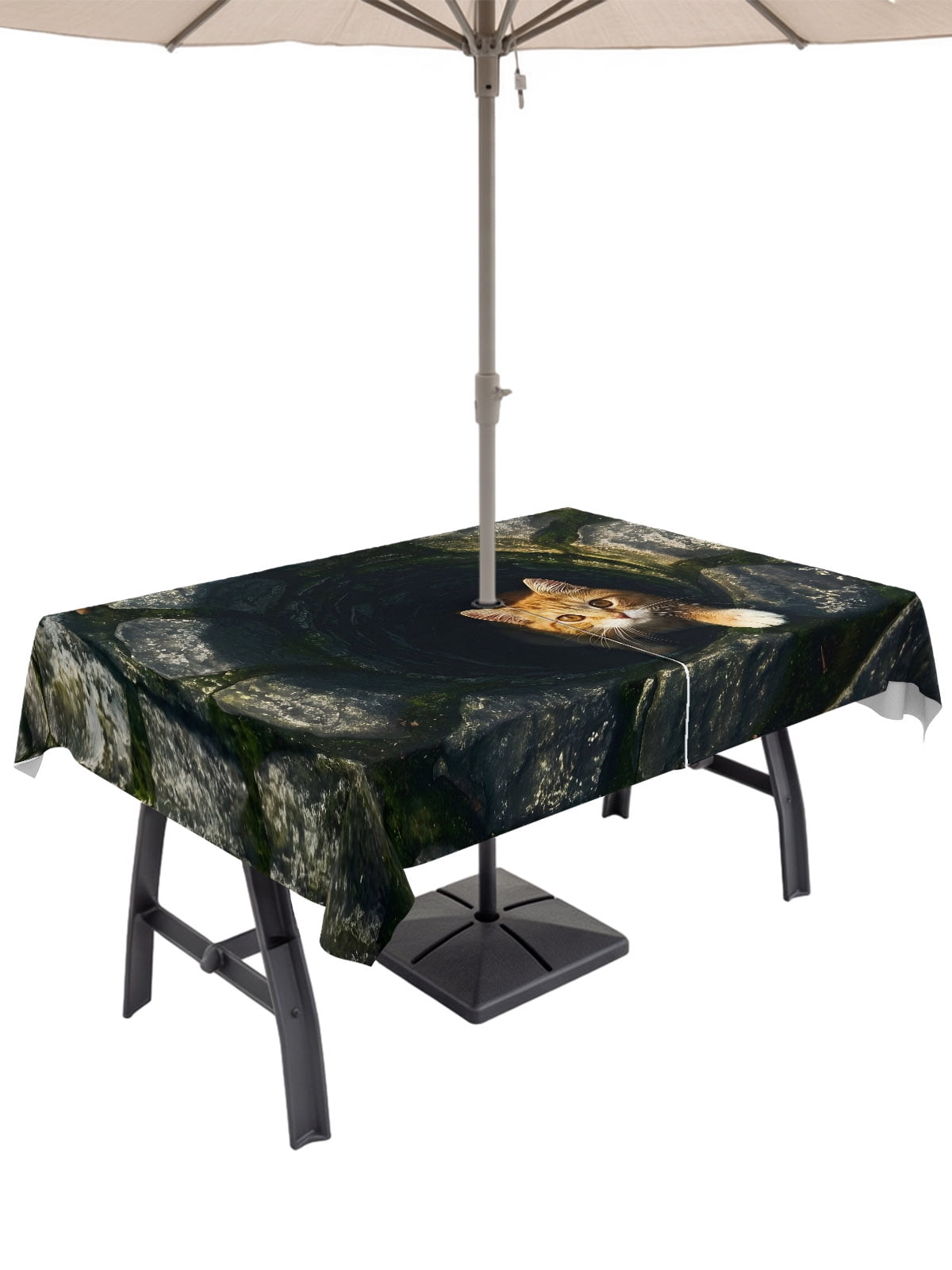 60x102 Inch Outdoor Tablecloth with Umbrella Hole Zipper Rectangle Cat ...