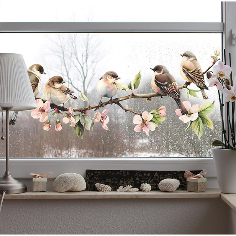60x25cm Flowers Branches Birds PVC Window Stickers Glass Self Adhesive ...
