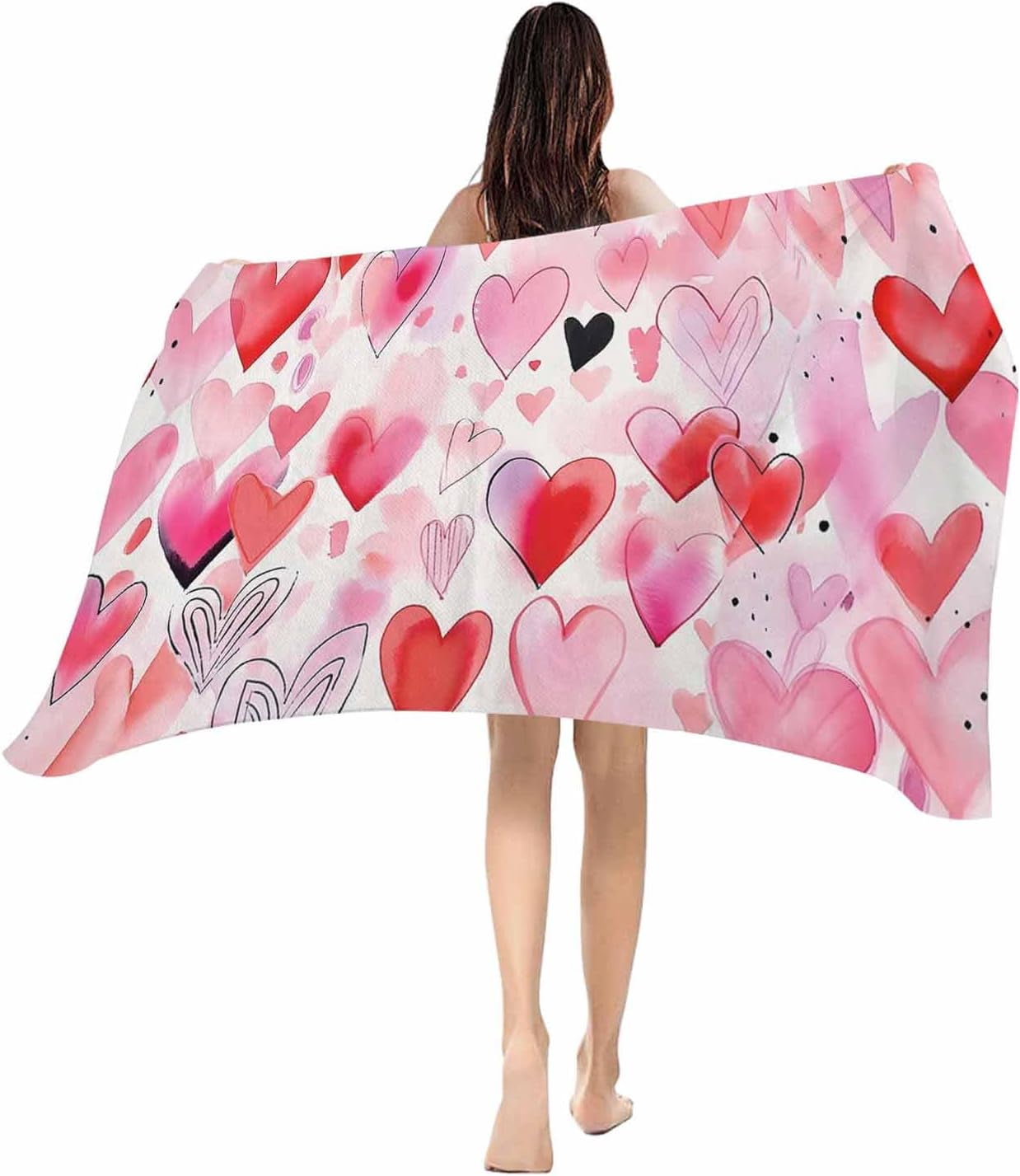 60x30inch Beach Towel Valentine's Day Love Heart Watercolor Art ...