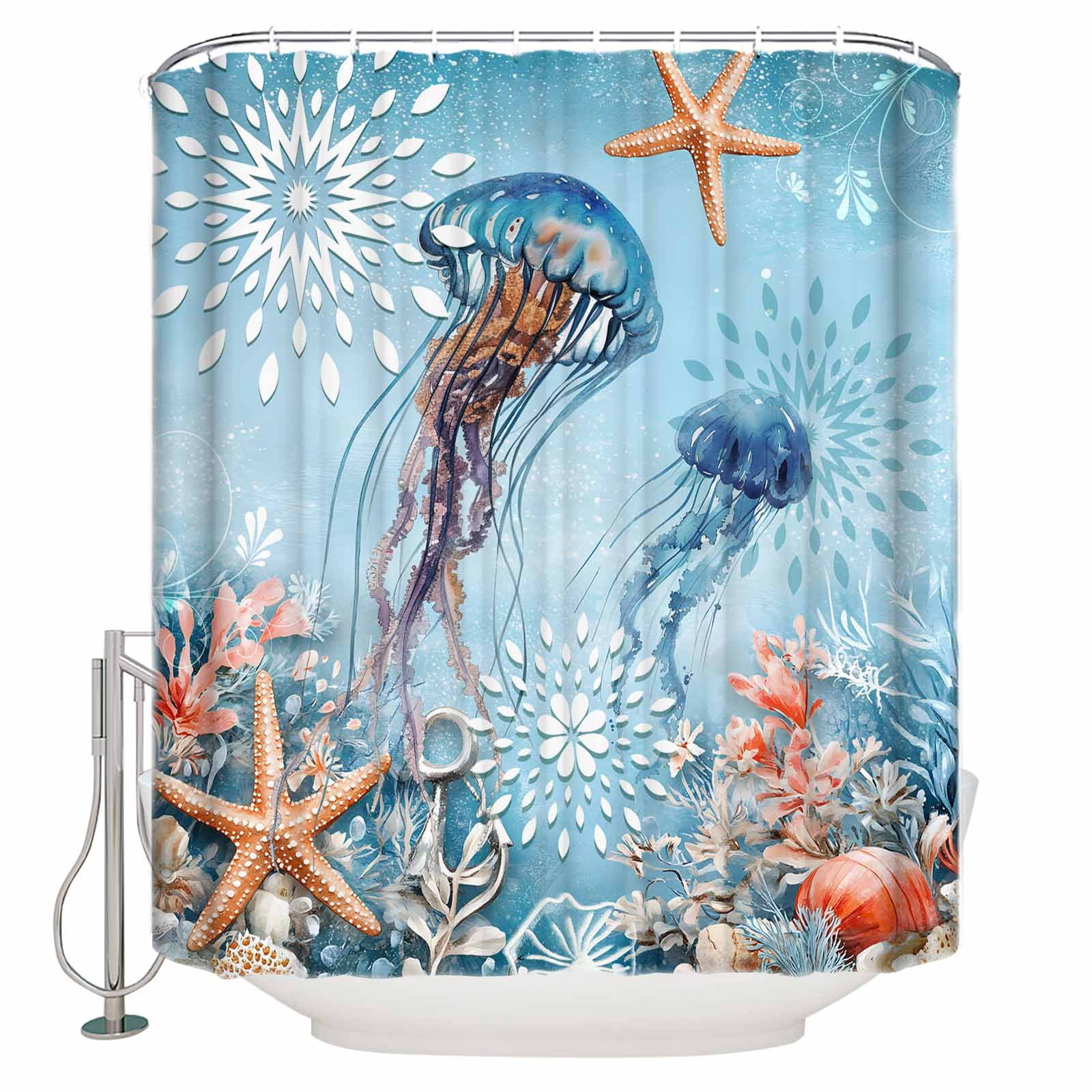 60x72 Inch Shower Curtains for Bathroom Blue Coastal Jellyfish Fabric ...