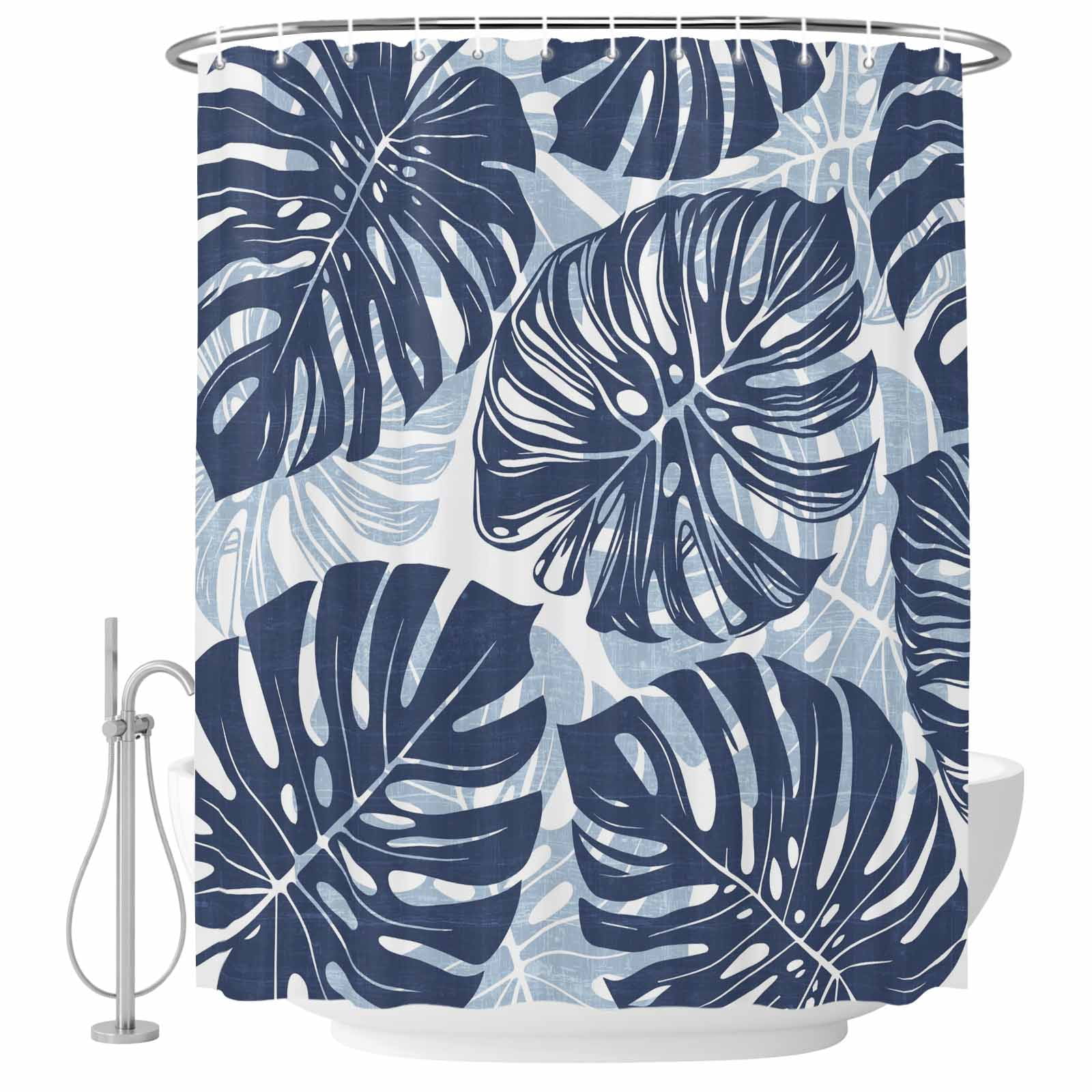 60x72 Inch Shower Curtains for Bathroom, Navy Blue Monstera Deliciosa ...