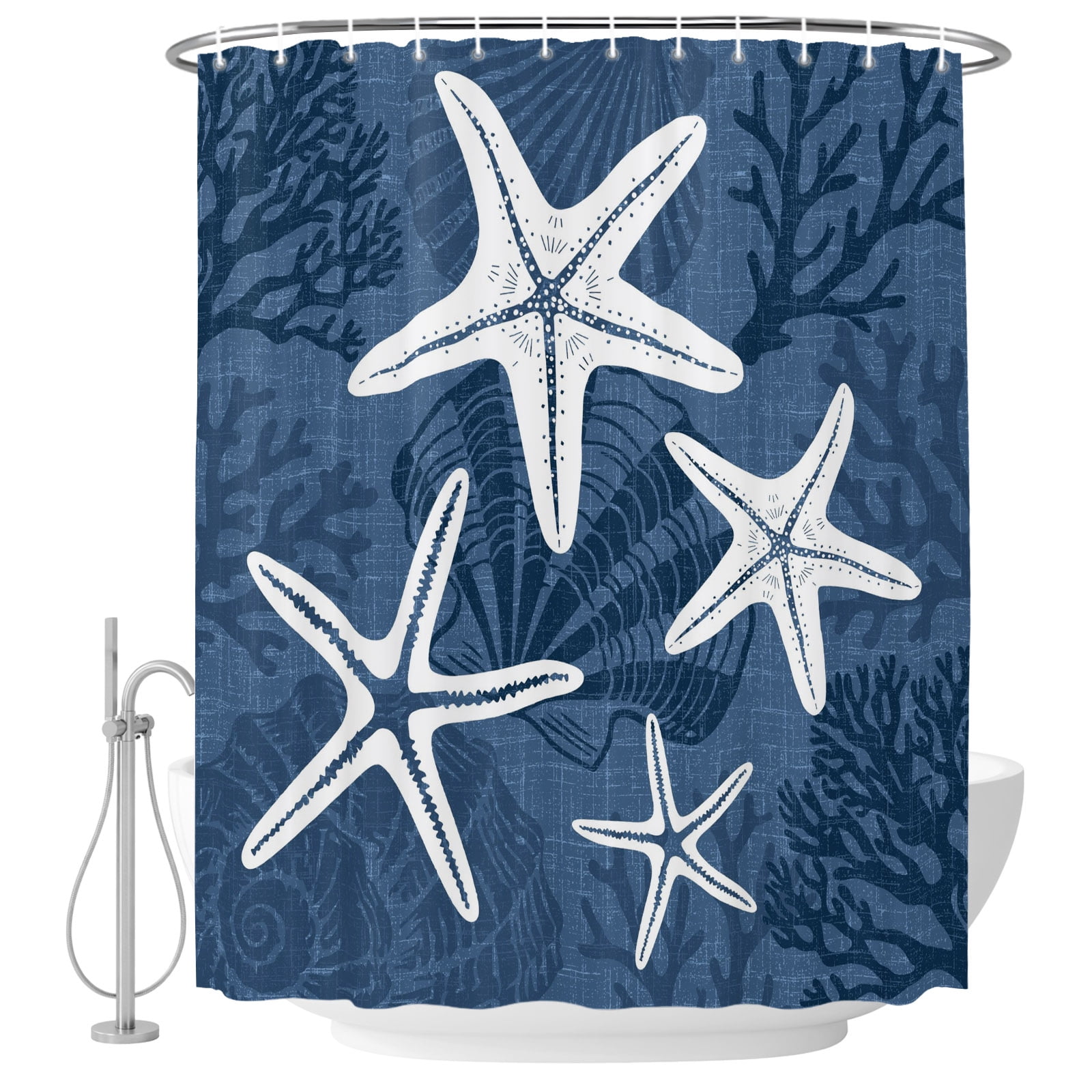 60x72 Inch Shower Curtains for Bathroom, Navy Blue Starfish Fabric Bath ...