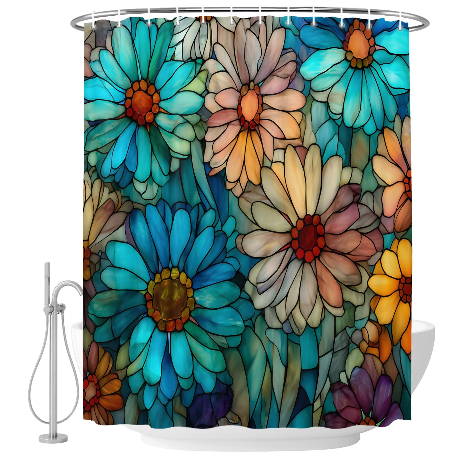 60x72 Inch Shower Curtains for Bathroom, Orange Blue Spring Floral ...