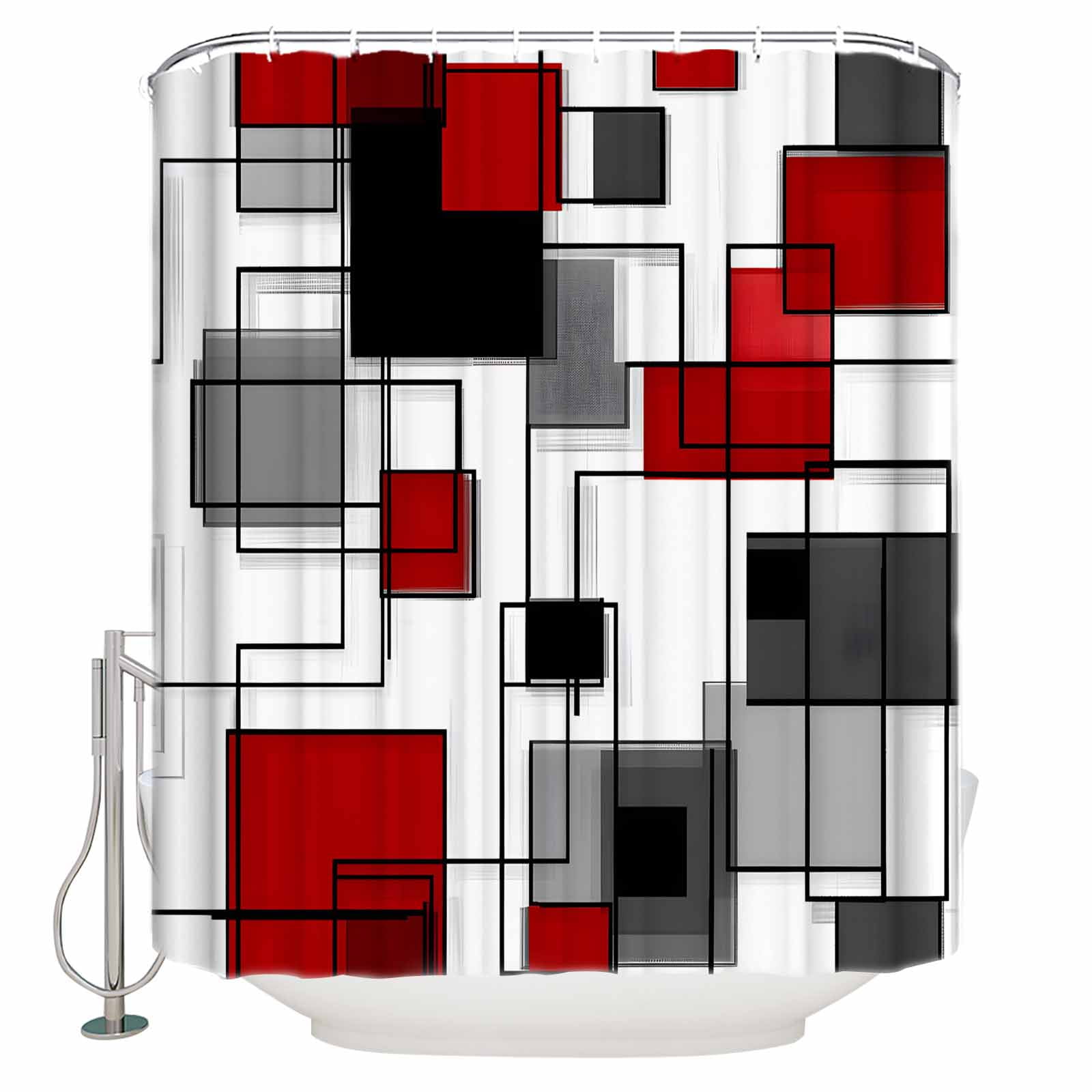 60x72 Inch Shower Curtains for Bathroom Red Grey Geometric Fabric Bath Curtain Decor Irregular ...