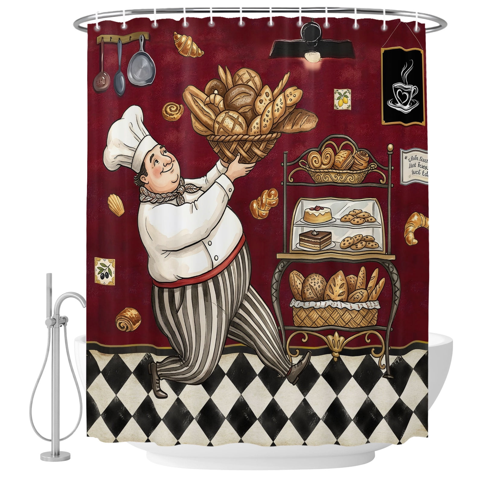 60x72 Inch Shower Curtains for Bathroom, Red Kitchen Baker Fabric Bath ...