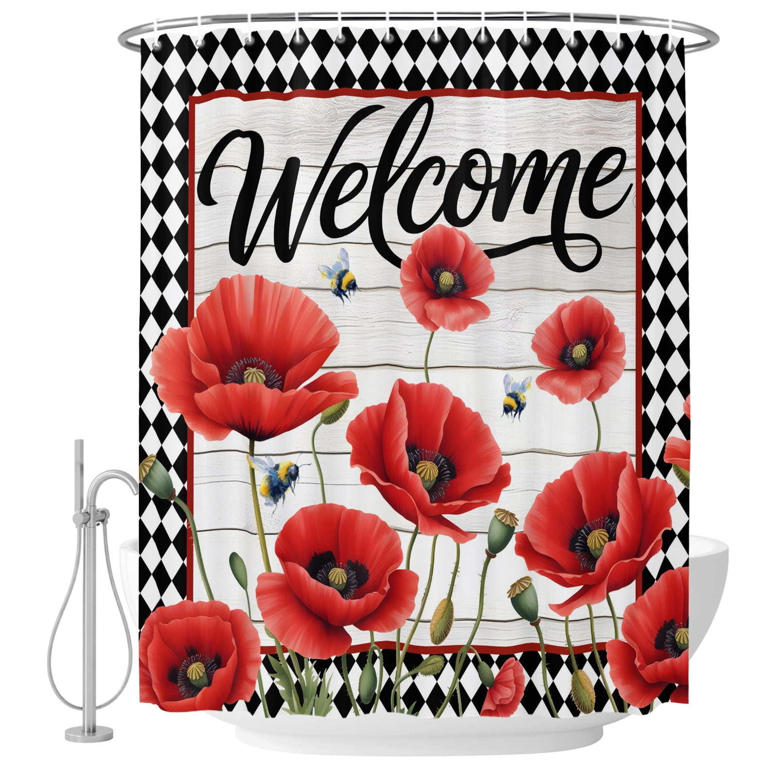 60x72 Inch Shower Curtains for Bathroom, Red Poppy Welcome Fabric Bath ...