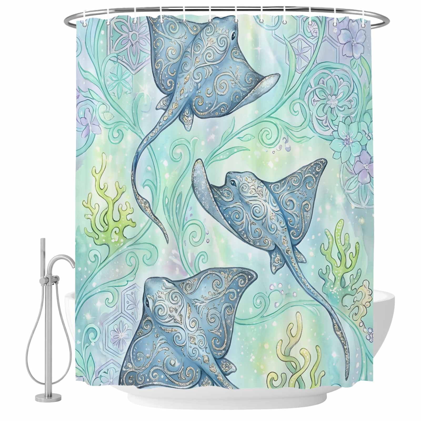 60x72 Inch Shower Curtains for Bathroom, Teal Blue Stingray Fabric Bath ...
