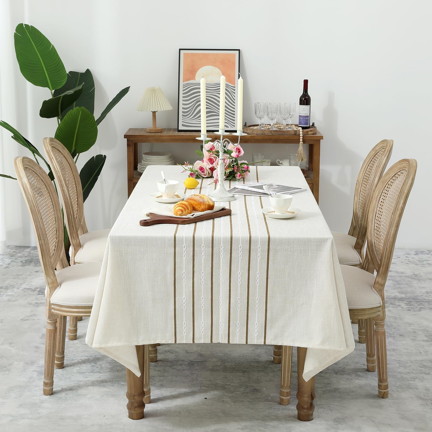 60x84 Inch Farmhouse Linen Tablecloth, Boho Wrinkle-Resistant Washable ...