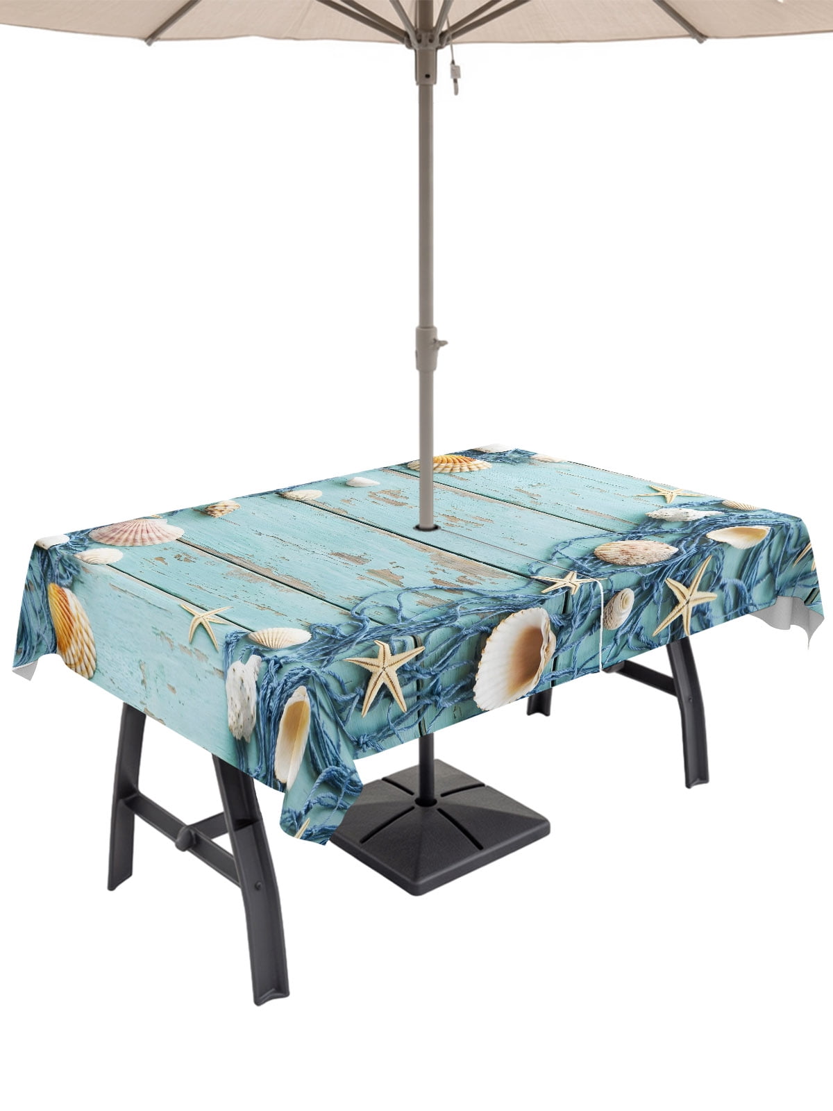 60x84 Inch Outdoor Tablecloth with Umbrella Hole Zipper Rectangle Aqua ...