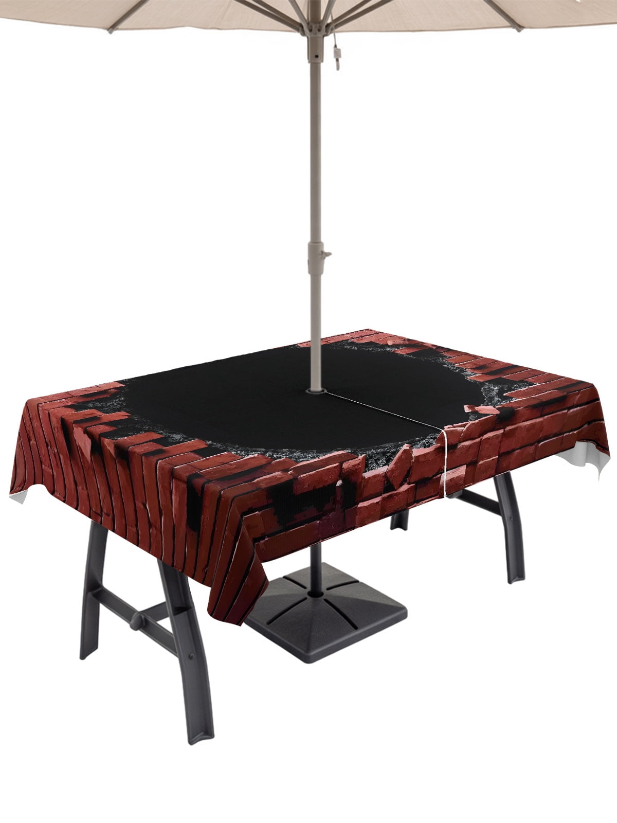 60x84 Inch Outdoor Tablecloth with Umbrella Hole Zipper Rectangle Brick ...