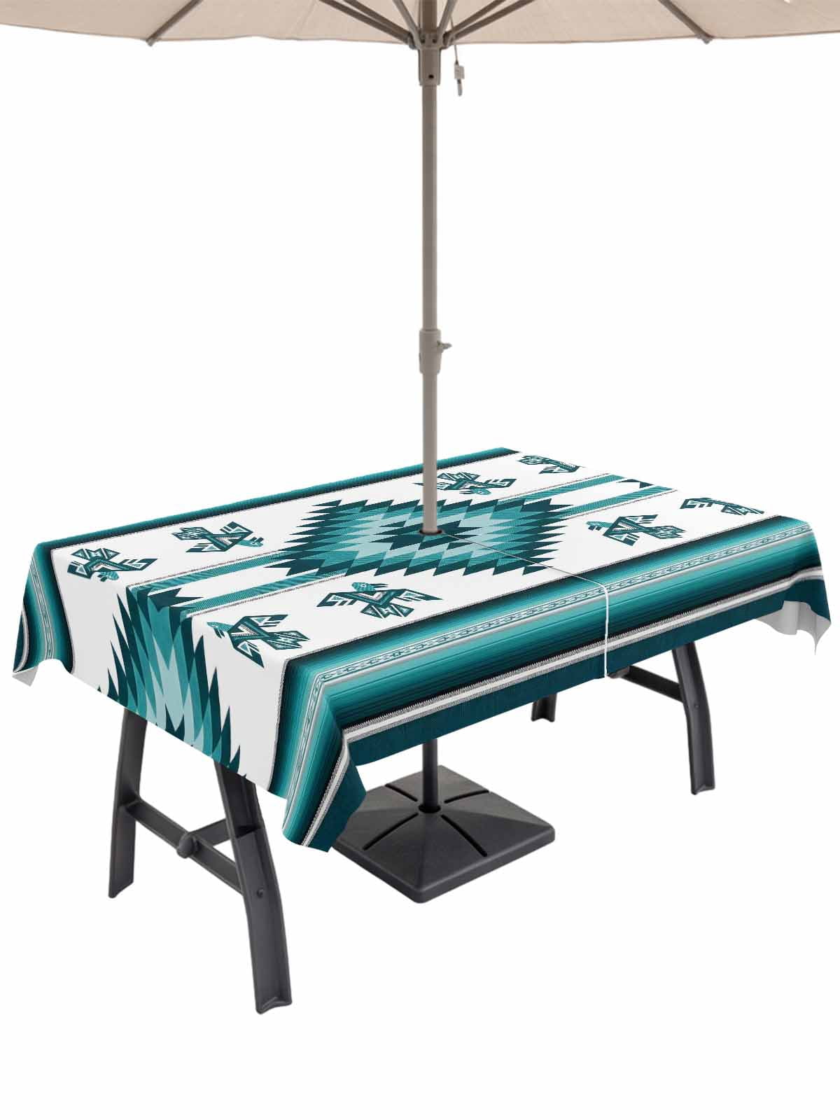 60x84 Inch Outdoor Tablecloth with Umbrella Hole Zipper Rectangle Teal ...
