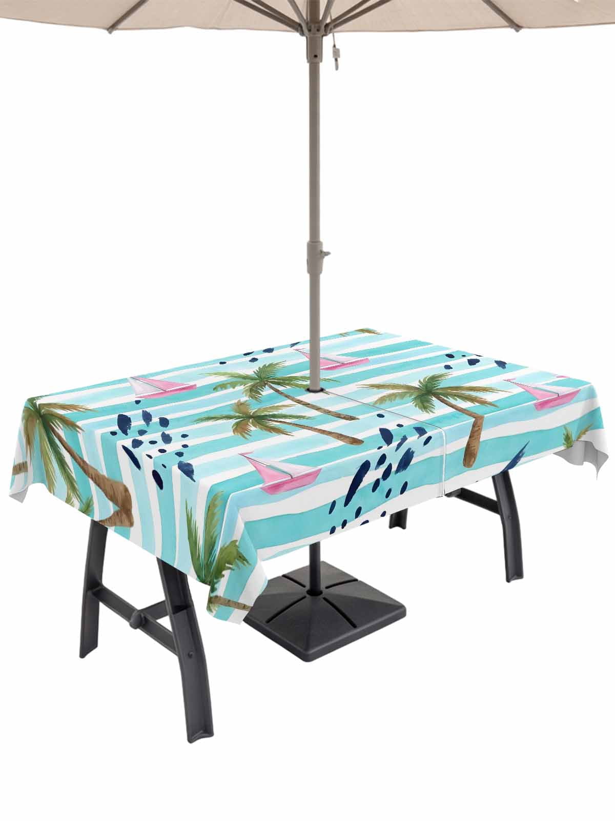 60x84 Inch Outdoor Tablecloth with Umbrella Hole Zipper Rectangle Teal ...