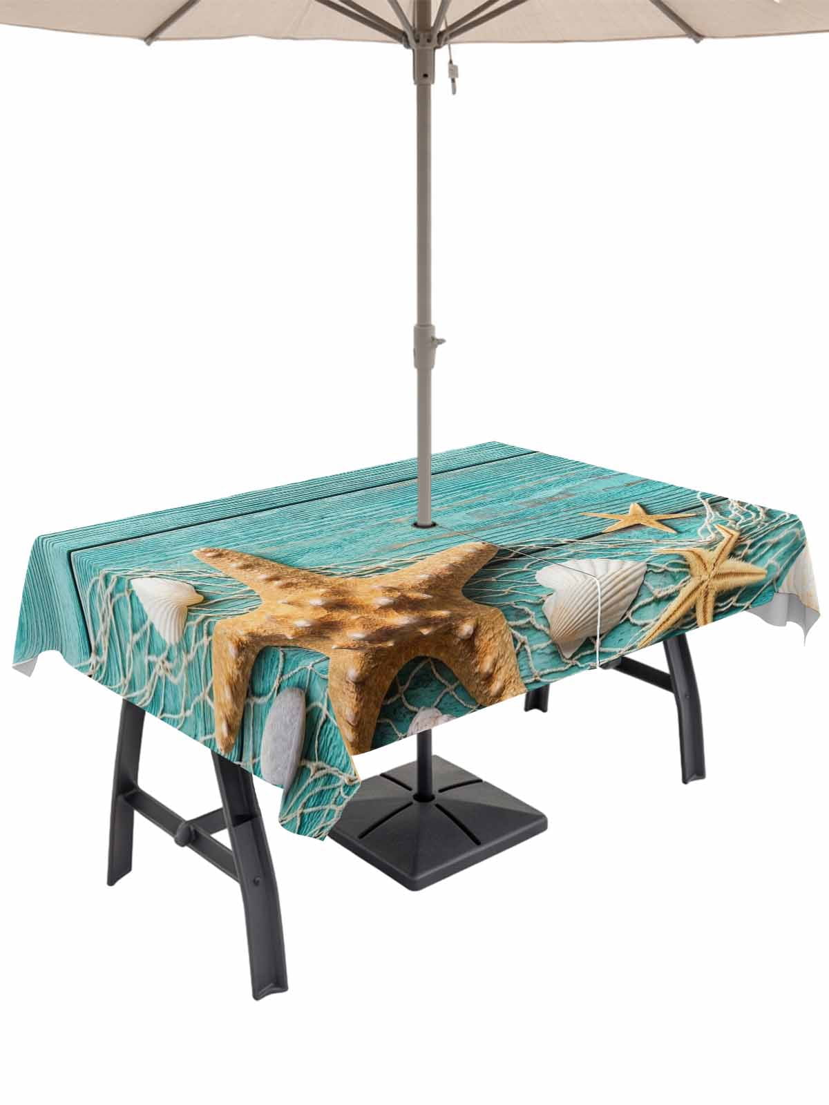 60x84 Inch Outdoor Tablecloth with Umbrella Hole Zipper Rectangle Teal ...