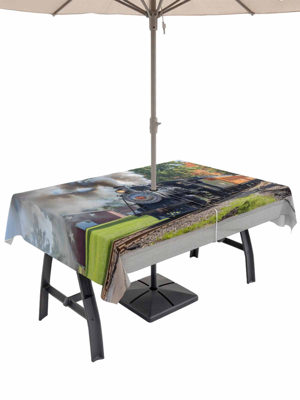 60x84 Inch Outdoor Tablecloth with Umbrella Hole Zipper Rectangle Train ...