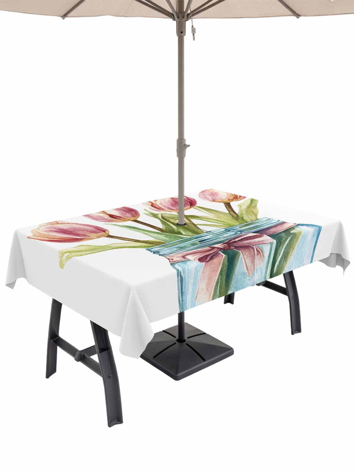 60x84 Inch Outdoor Tablecloth with Umbrella Hole Zipper Rectangle Tulip ...