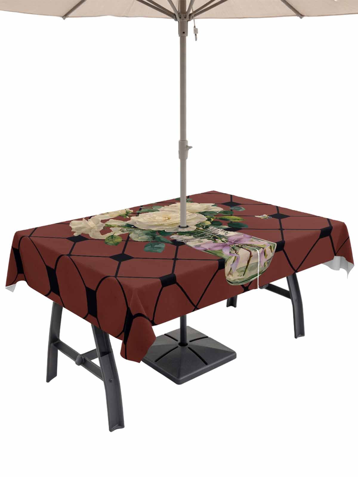 60x84 Inch Outdoor Tablecloth with Umbrella Hole Zipper Rectangle White ...