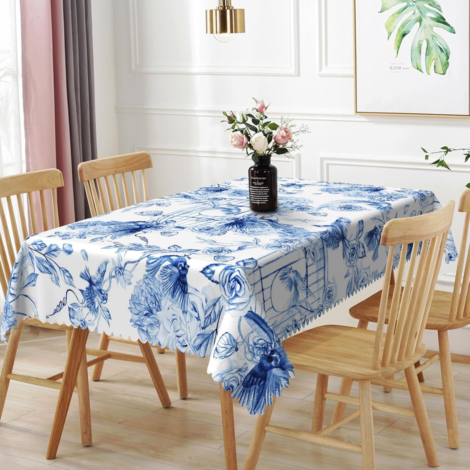 60x84inches Floral Birds Tablecloth Watercolor Blue Flowers and Birds ...
