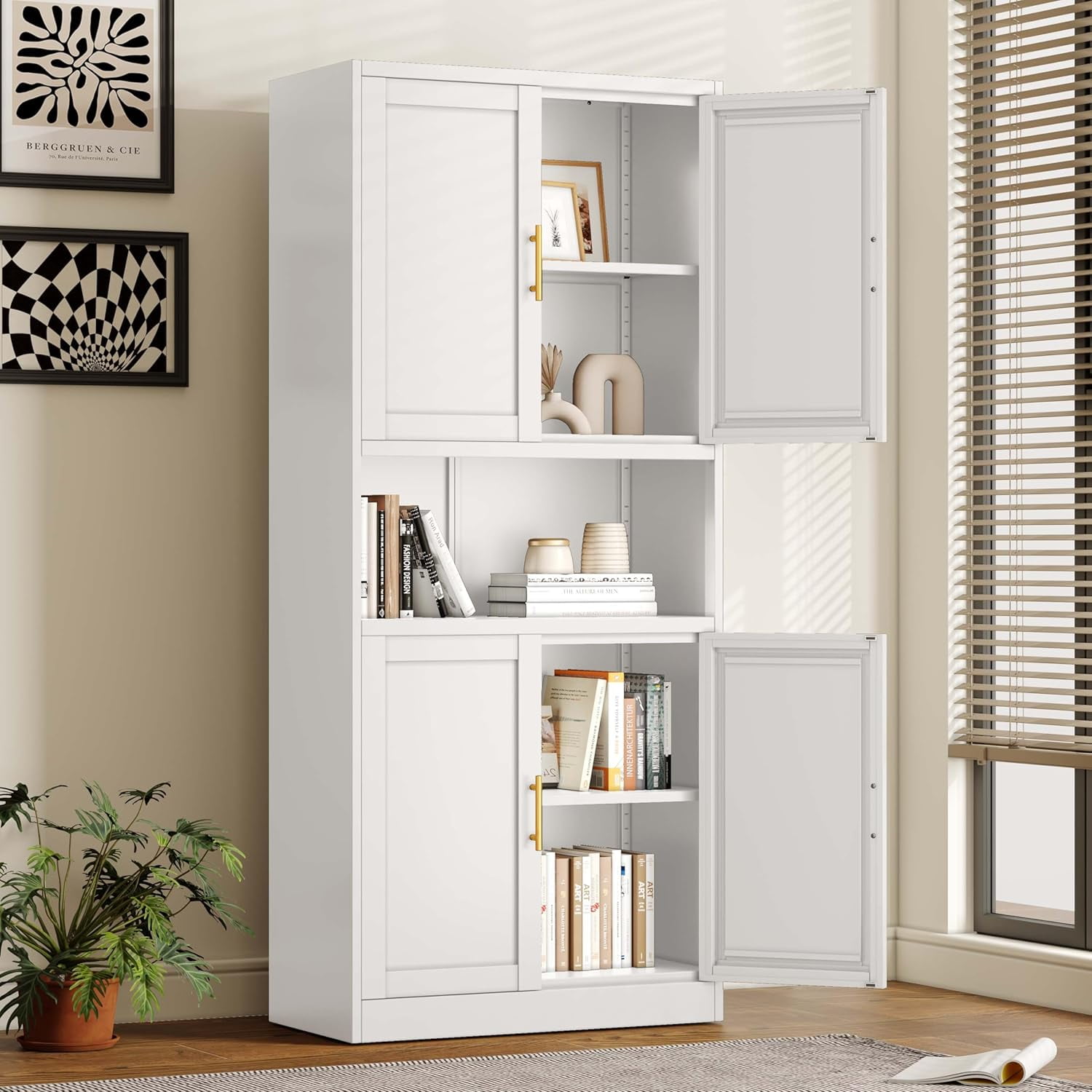 61.02" Kitchen Pantry Cabinet, Large Metal Storage Cabinet with 4 Doors ...