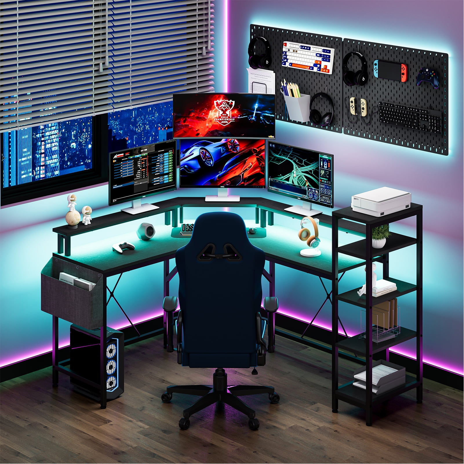 61.4" L-Shaped Computer Desk with Power Outlets & LED Lights, Gaming ...