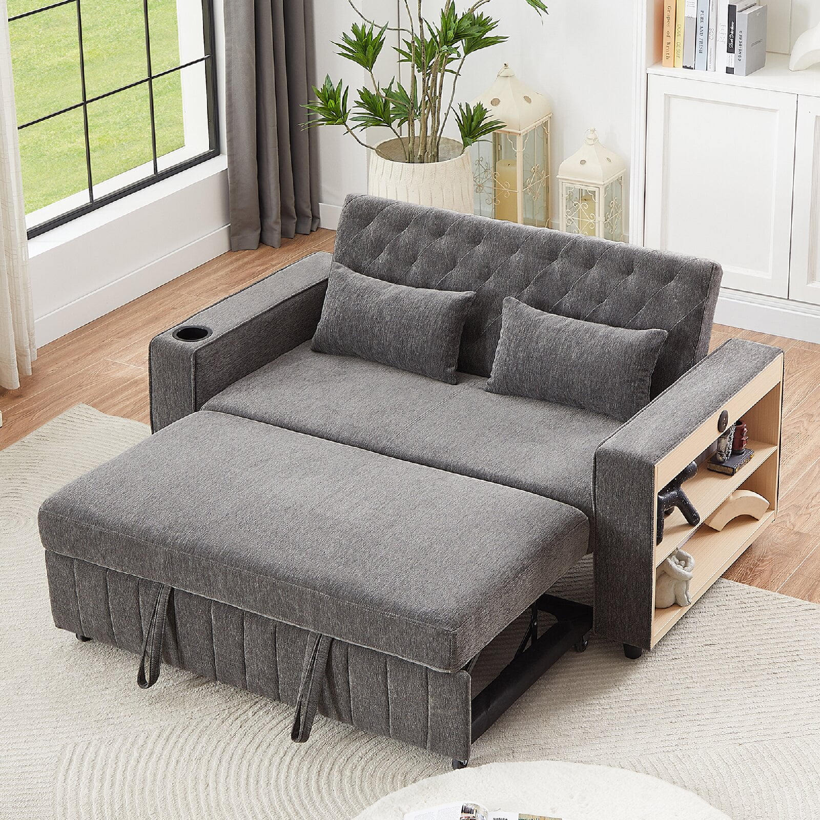 61.4" Pull-out Sofa Bed with USB Charging Ports and Cup Holder ...