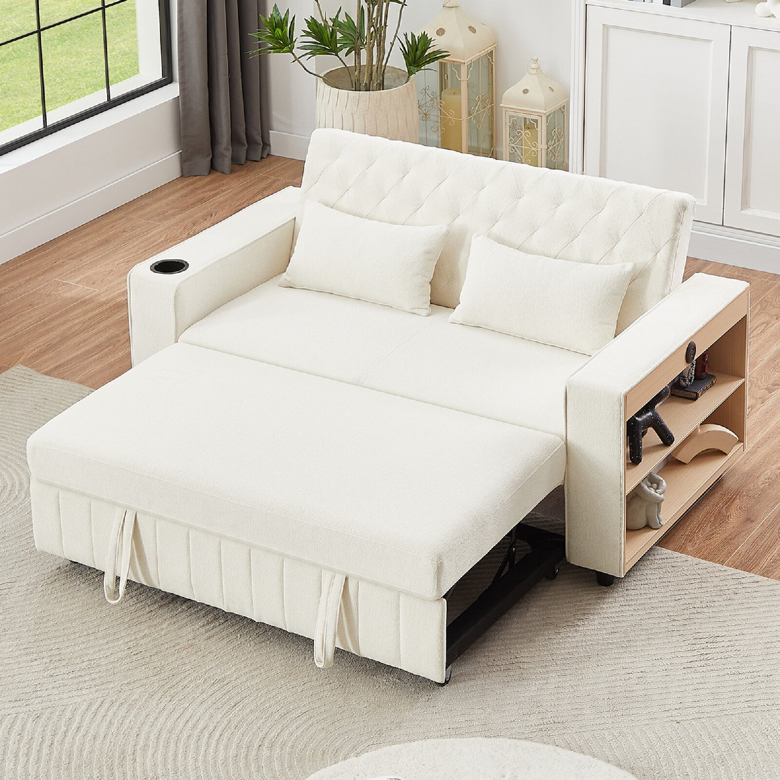 61.4" Pull-out Sofa Bed with USB Charging Ports and Cup Holder ...