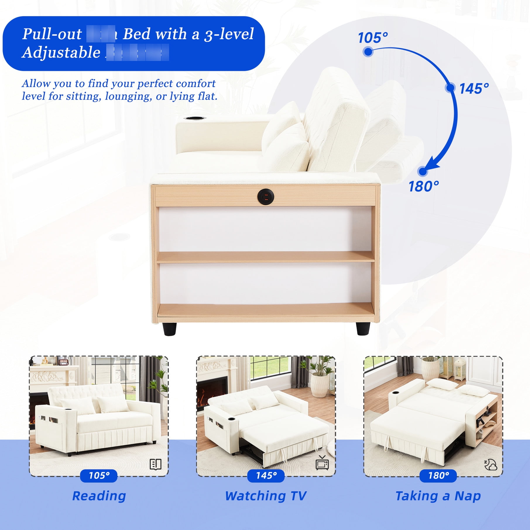 61.4" Pull-out Sofa with Tufted Backrest, Cup Holders and Lumbar ...
