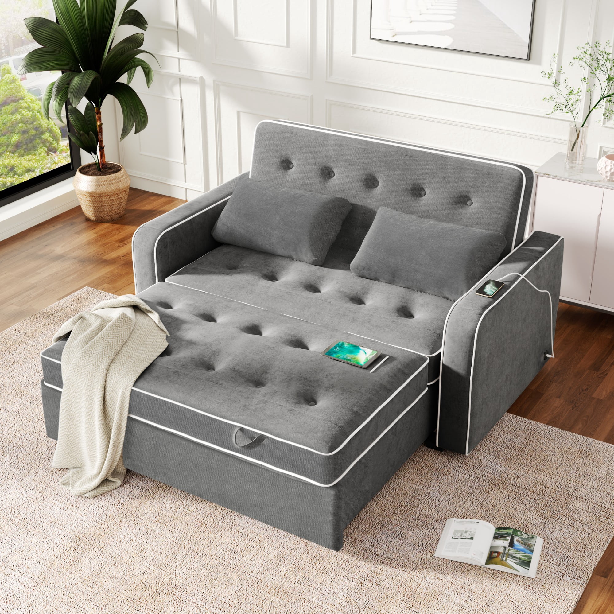 61.4" Upholstered Sleeper Bed, Pull Out Sofa Bed Couch attached two ...