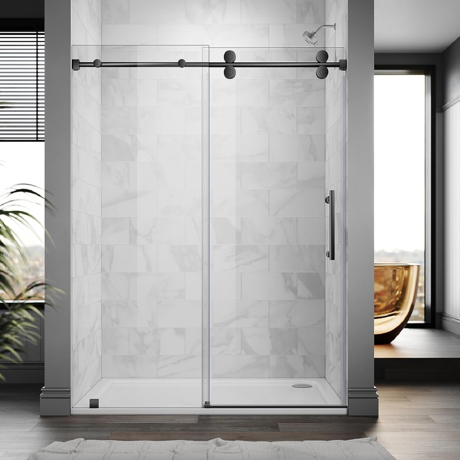 61"- 65" W×76" H Frameless Stainless Steel Sliding Shower Door in Matte ...