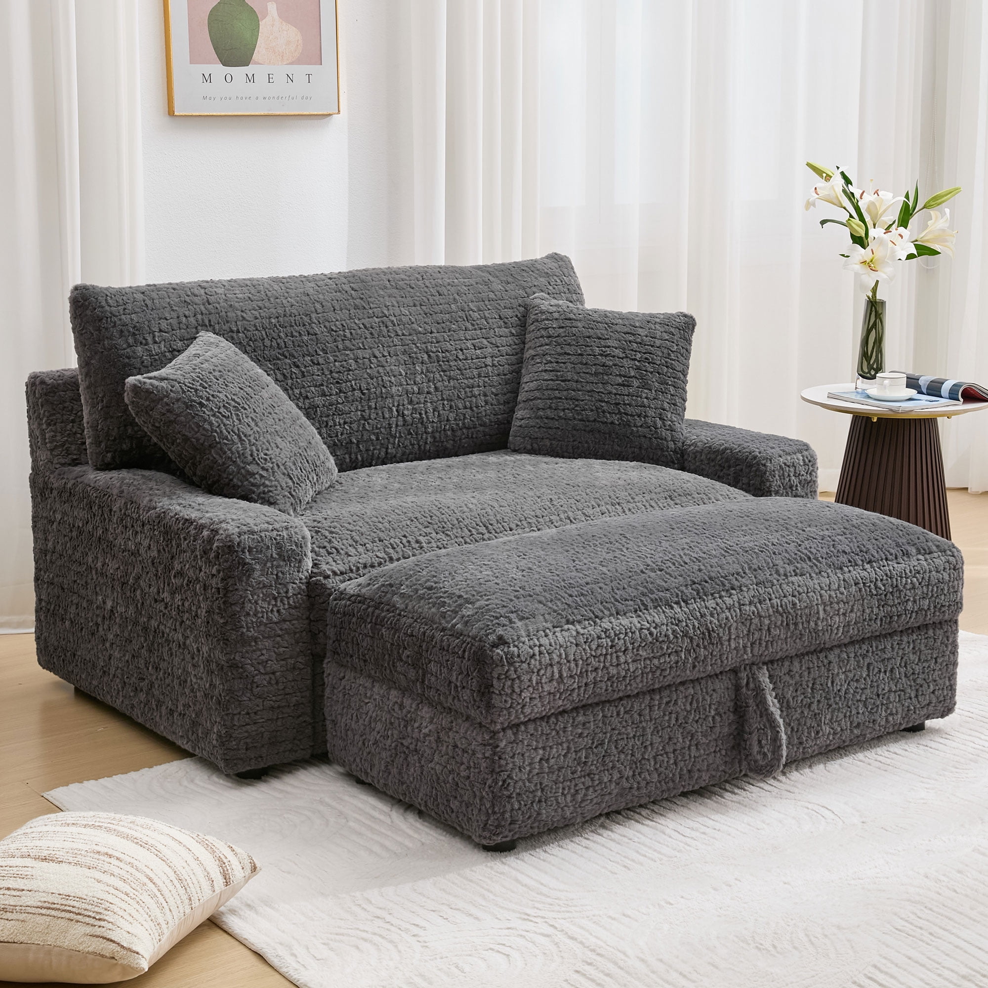 61.8” Lambswool Chaise Lounge Chair Indoor, Modern Sleeper Couch Chair ...