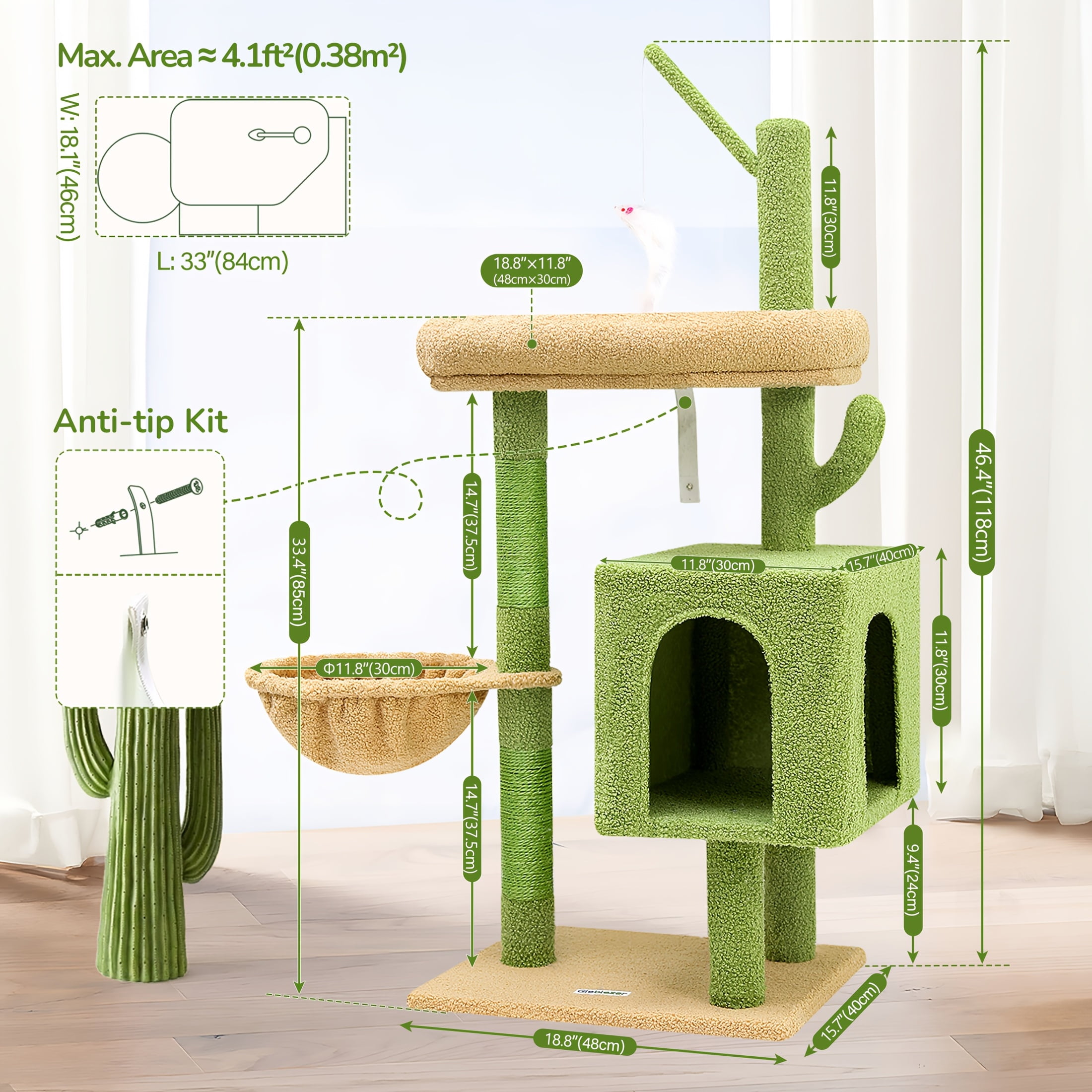 61.8-inch Cactus Cat Tree for Indoor Cats, Multi-Level Tower with Dual ...