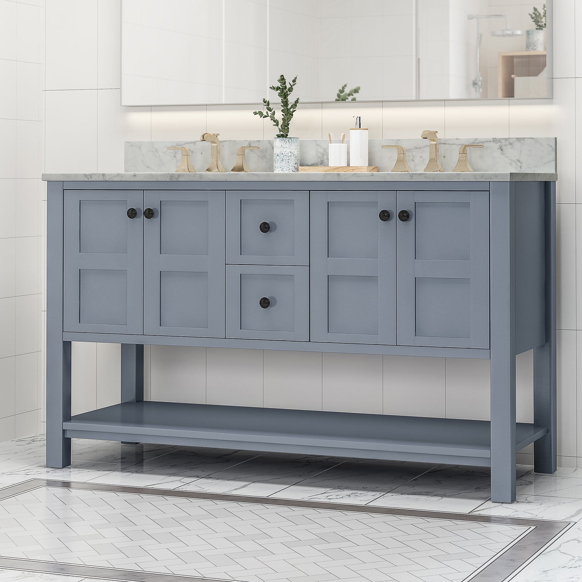 61" Bathroom Vanity With Marble Top & Double Sinks, Gray Hue, 4 Doors ...