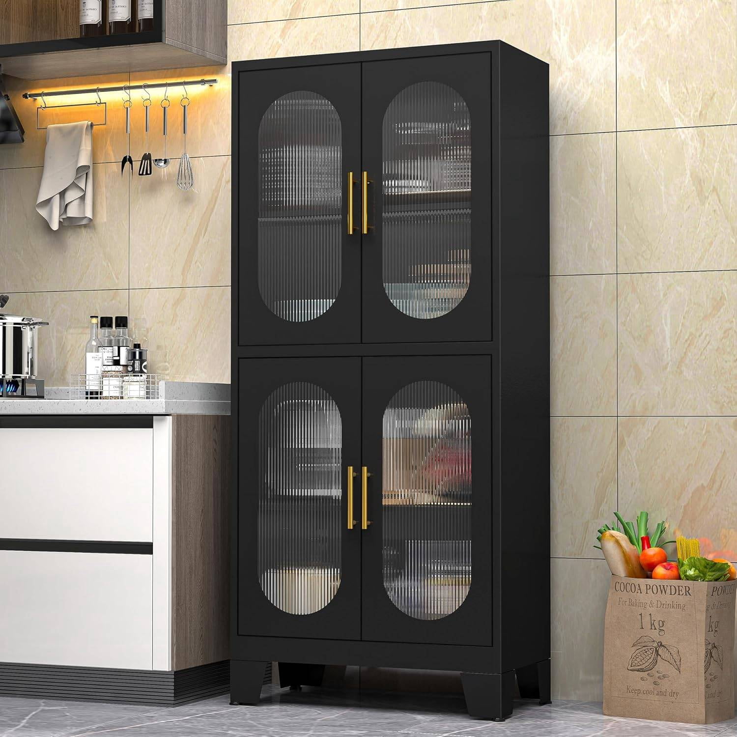61" Black Pantry Storage Cabinet with Acrylic Glass Doors, Adjustable ...