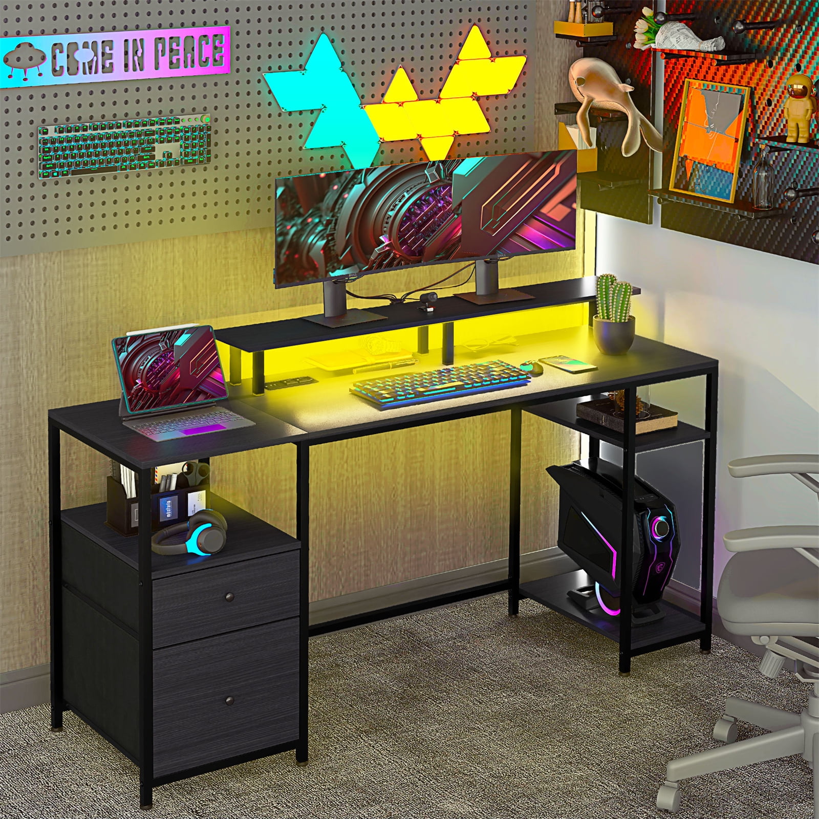 61"Computer Desk with LED Lights, Power Outlets, and USB Ports, Gaming ...