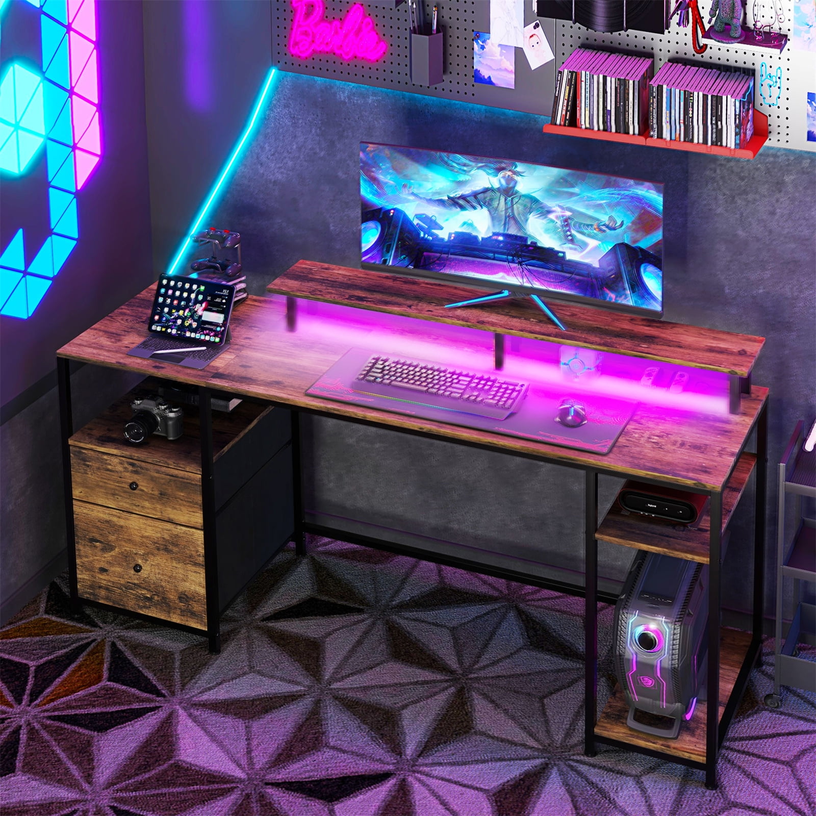 61"Computer Desk with LED Lights, Power Outlets, and USB Ports, Gaming ...